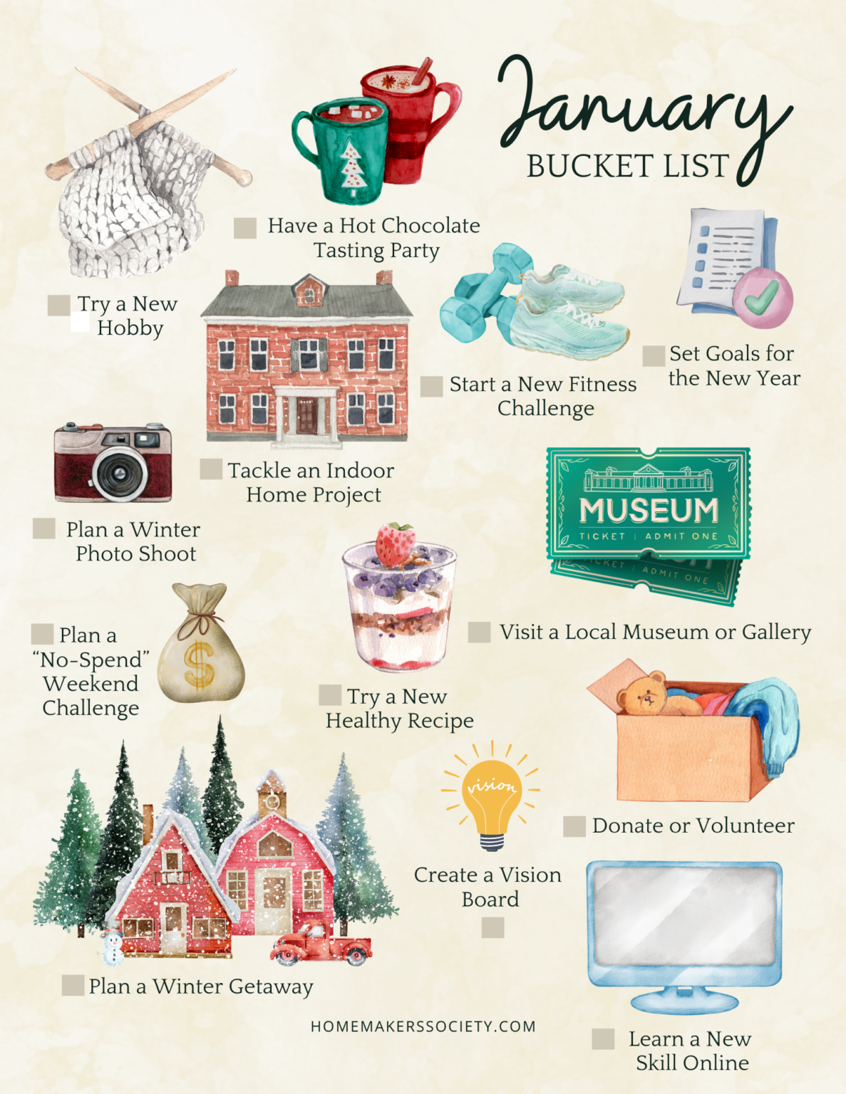 January Bucket List Ideas + Free Printable - The Homemaker's Society