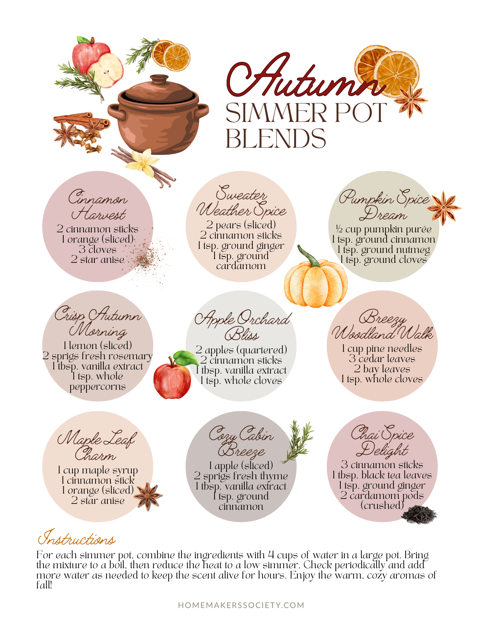 9 Autumn Simmer Pot Recipes: Free Printable - The Homemaker's Society